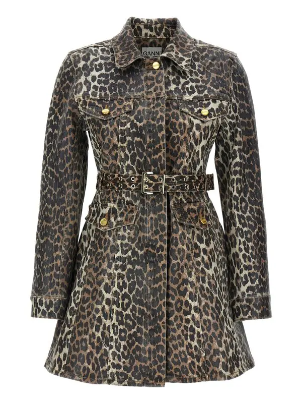 GANNI Leopard Print Cotton Denim Mini Dress - Multicolor