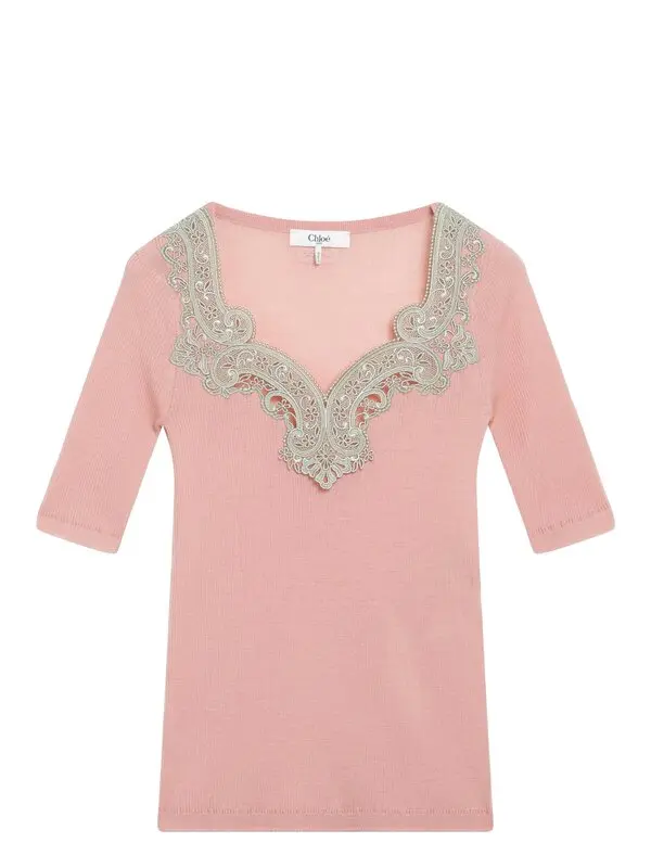 Chloé Fitted Elbow-sleeve Ribbed Wool Sweater With Lace Trim - Pink