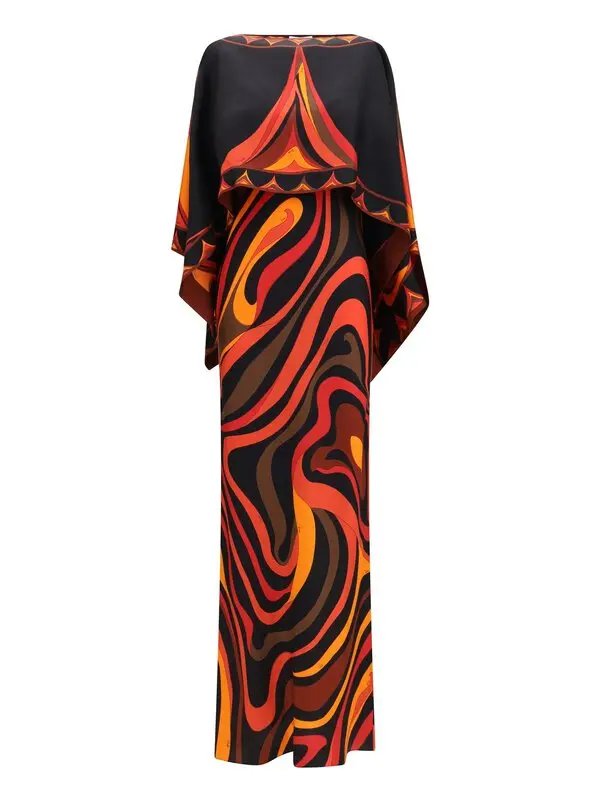 Emilio Pucci Marmo Print Silk Cape Dress - Orange