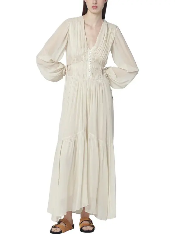 Isabel Marant Étoile Long Sleeve V-neck Smocked Dress - Cream