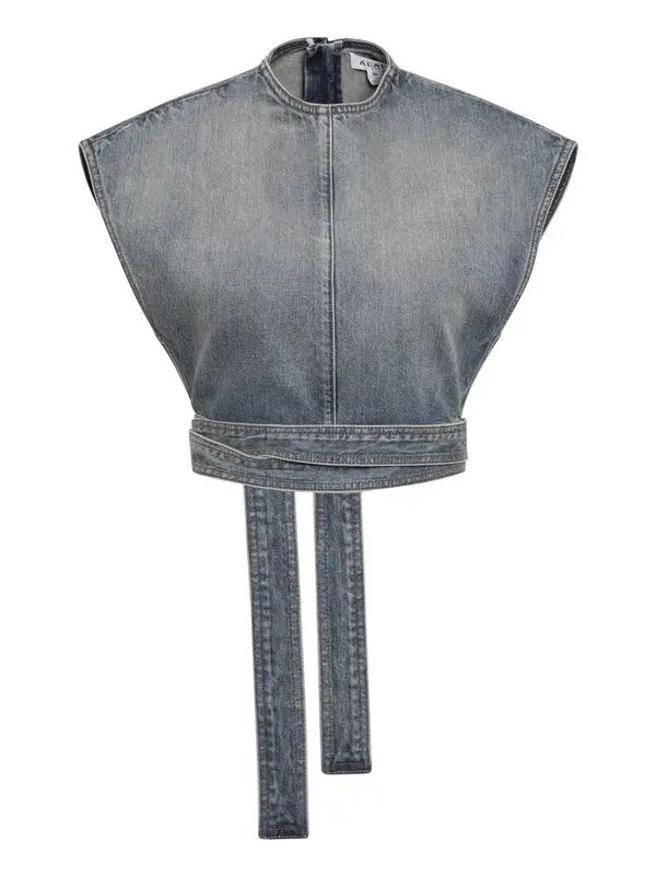 Alaïa Raw Delave Denim Belted Sleeveless Top - Blue