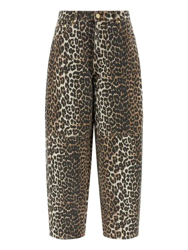 GANNI Leopard Print Barrel Leg Jeans - Brown