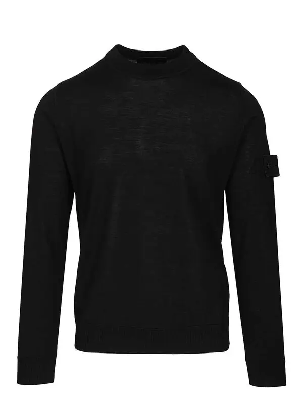 Stone Island Crew Neck Fine Knit Wool Sweater With Signature Badge - Black