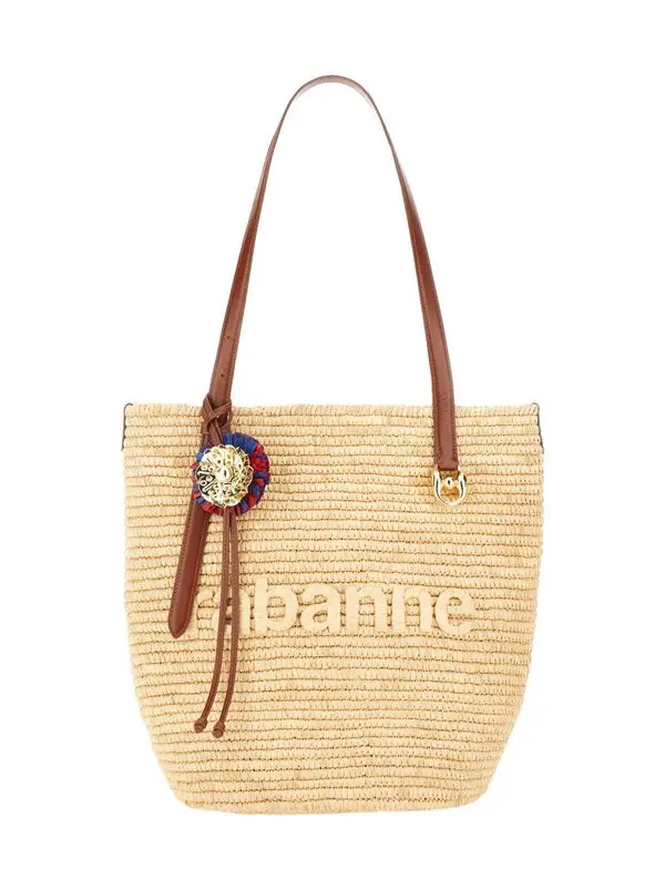 Rabanne Raffia Tote Bag With Leather Details - Cream