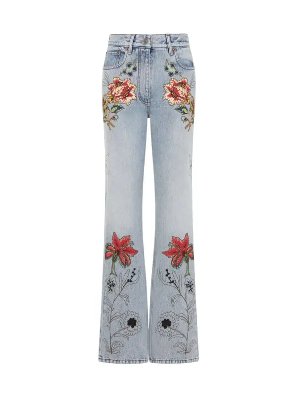 Valentino Garavani Embroidered Floral Denim Jeans - Blue