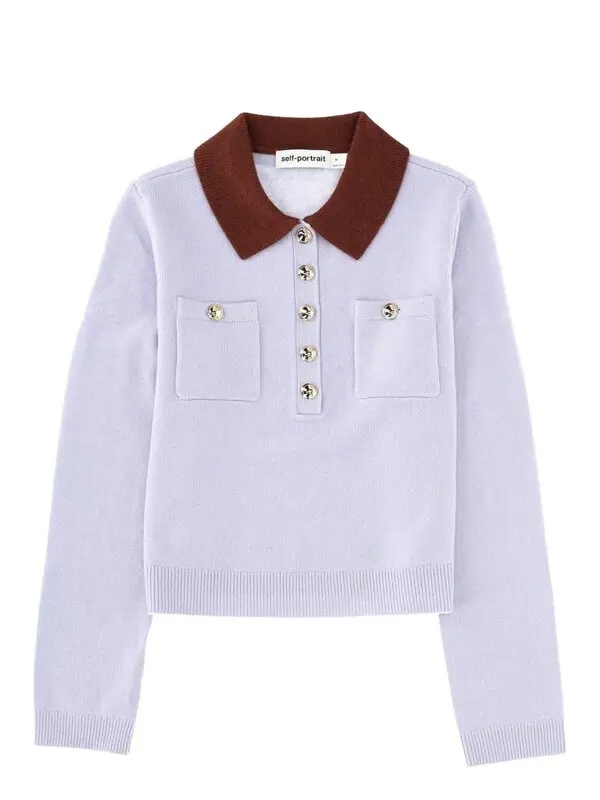 SELF-PORTRAIT Jersey Knit Sweater With Contrast Collar - Blue