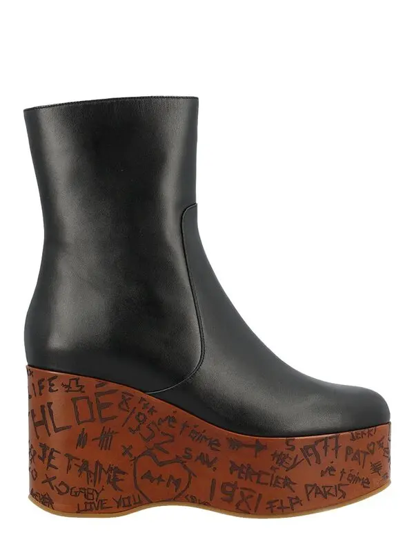 Chloé Calf Leather Graffiti Print Wedge Heel Ankle Boots - Black
