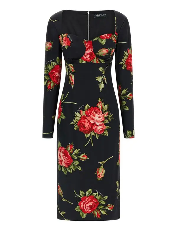 Dolce & Gabbana Bouquet Rose Print Bustier Midi Dress - Black