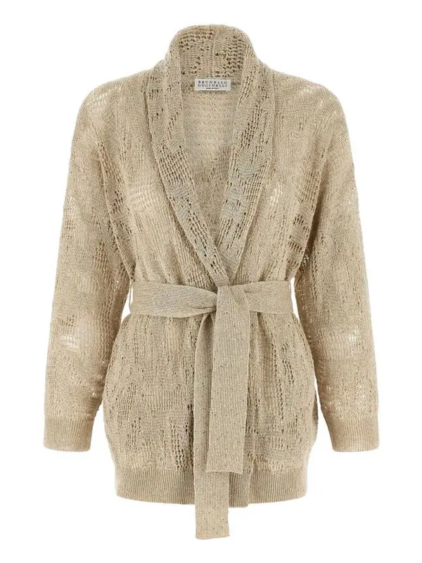 Brunello Cucinelli Belted Crochet Knit Cardigan With Sequins - Multicolor