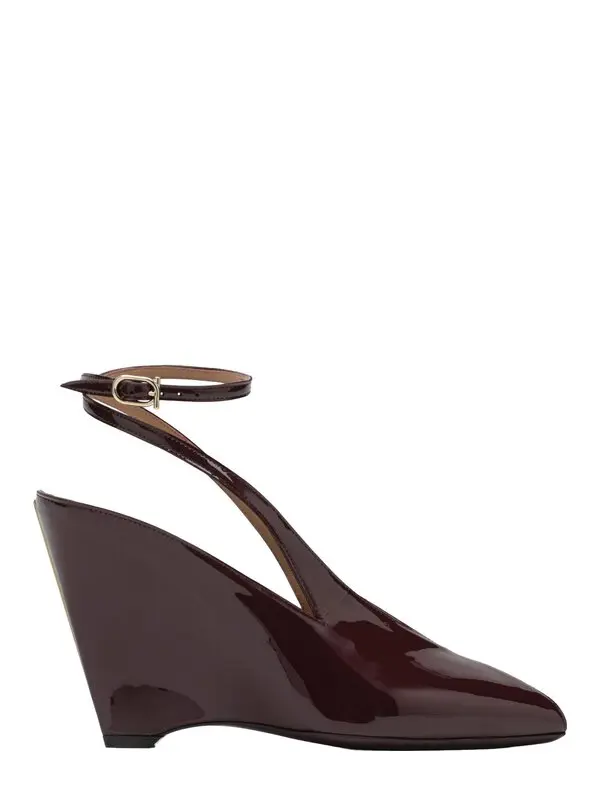 FERRAGAMO Bordeaux Patent Leather Peep Toe Wedge Sandals - Silver