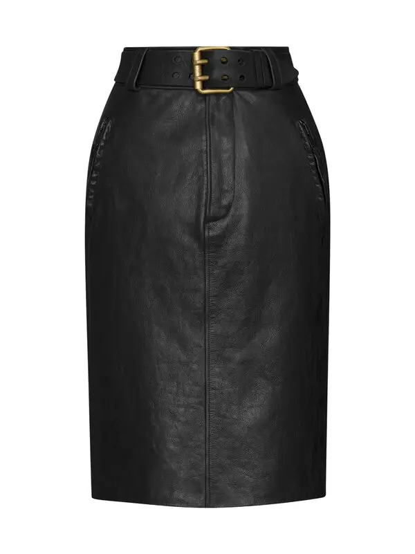 Saint Laurent Crinkled Calfskin Belted Pencil Skirt - Black