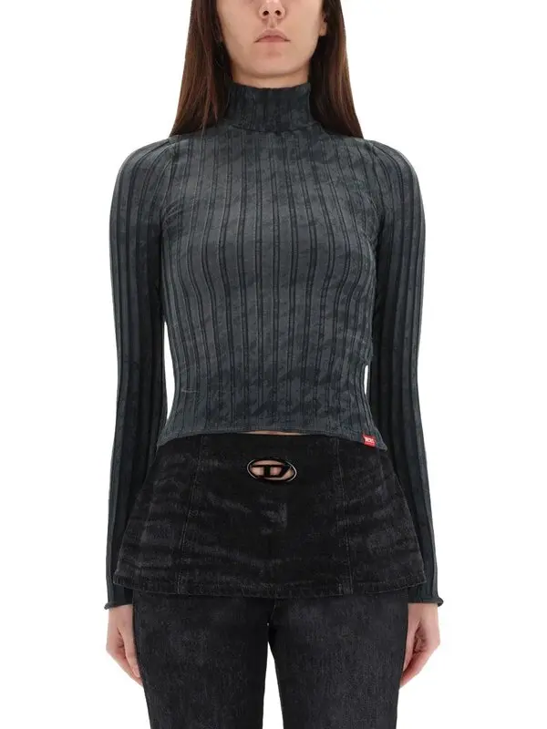 DIESEL® Ribbed High Neck Long Sleeve Top - Gray