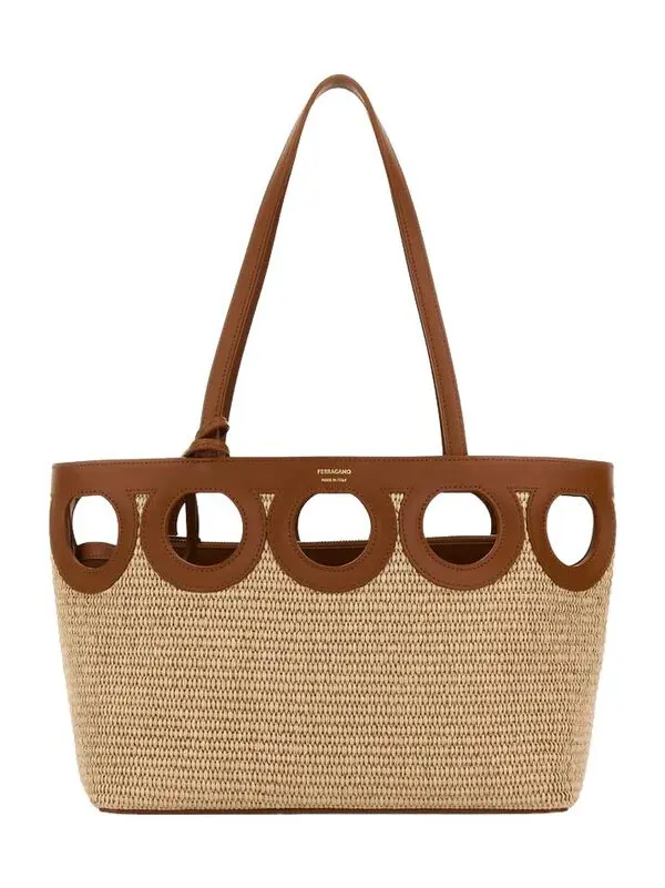 FERRAGAMO Raffia Tote Bag With Leather Trim And Cut-outs - Brown