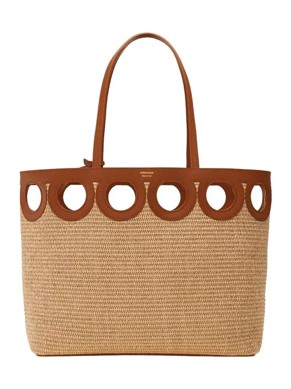 FERRAGAMO Raffia And Calfskin Tote Bag With Cutout Detail - Cream