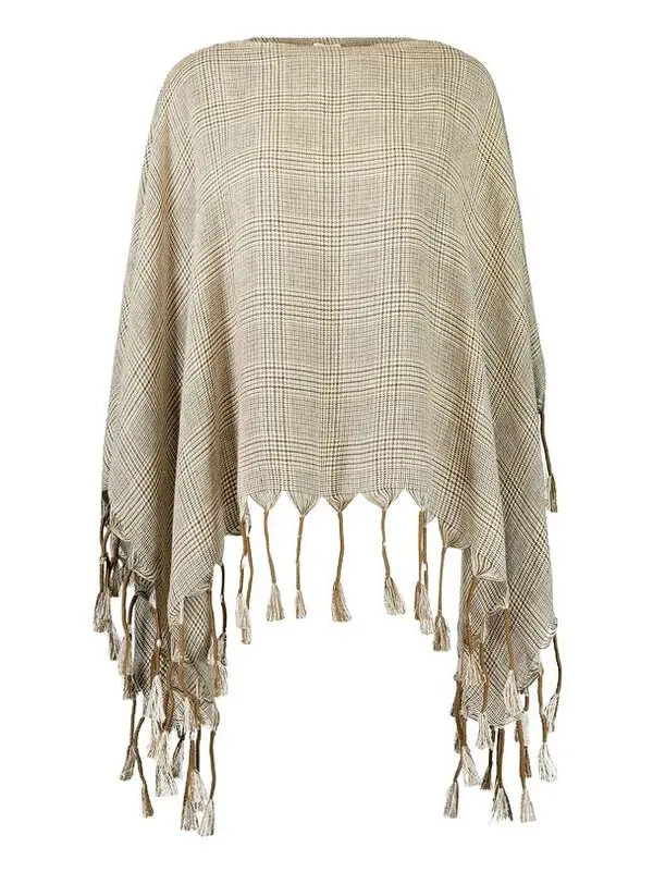 Brunello Cucinelli Prince Of Wales Check Poncho With Fringed Hem - Cream