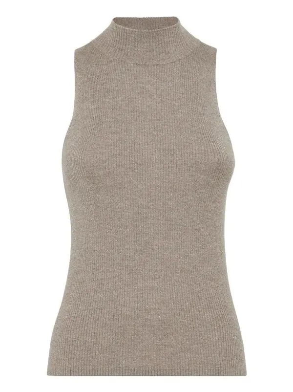 Brunello Cucinelli Sleeveless Mock Neck Ribbed Knit Top - Brown
