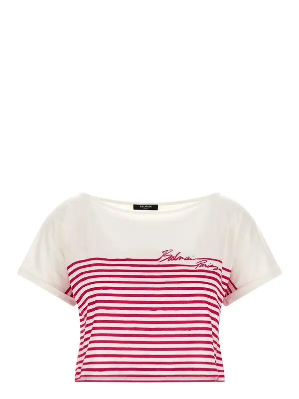 Balmain Marinière Cropped Cotton T-shirt - Pink