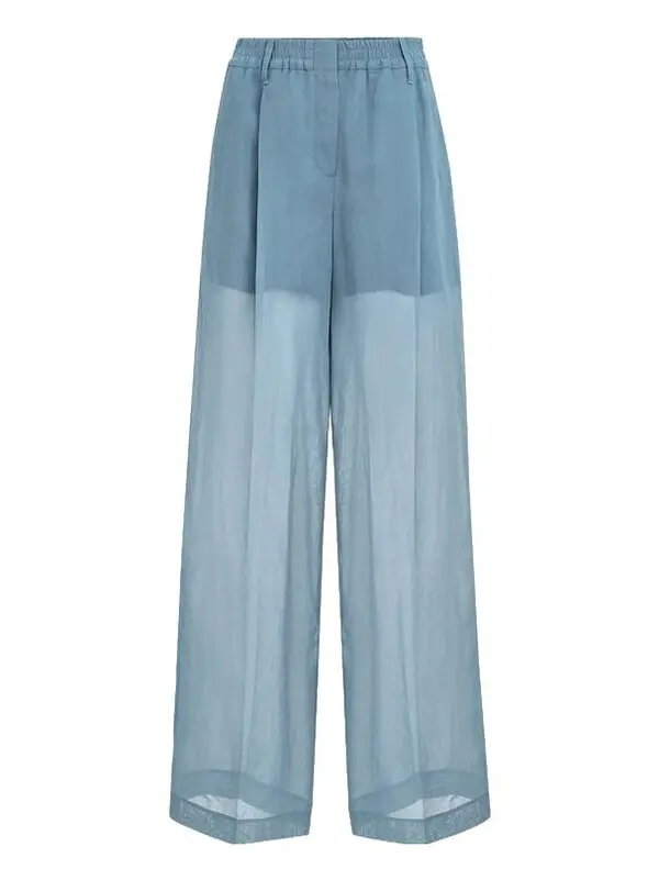 Brunello Cucinelli Palazzo Pants In Cotton Organza With Monili Embroidery - Blue