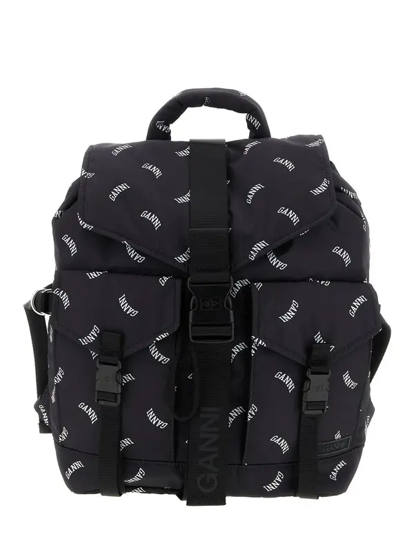 GANNI Re-tech Backpack With All-over Logo Print - Black