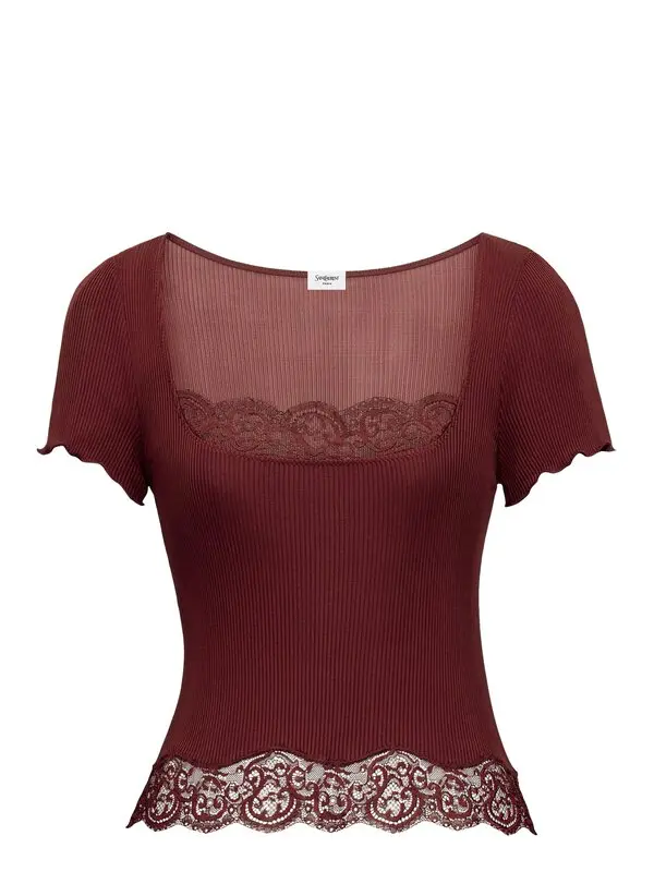 Saint Laurent Ribbed Silk T-shirt With Lace Details - Red