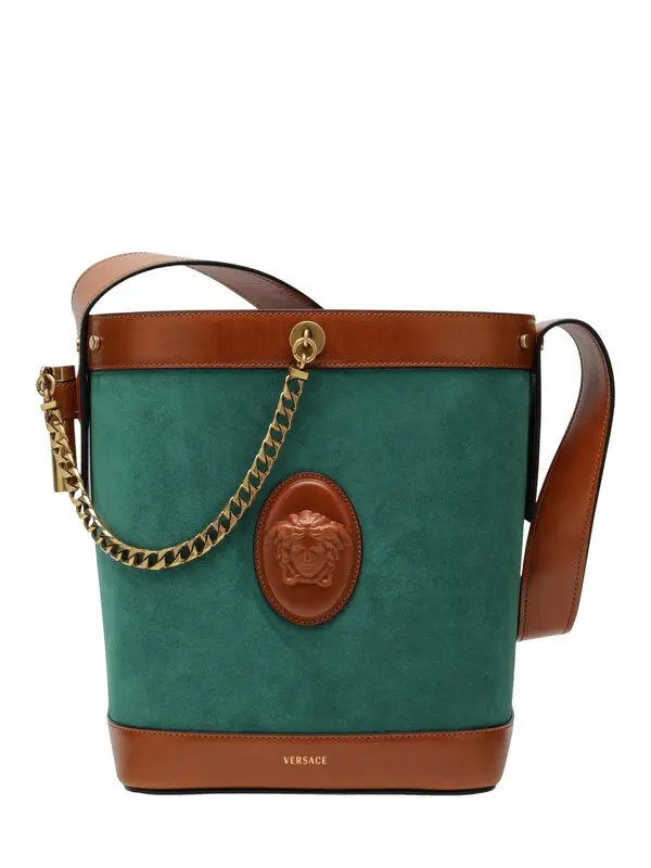 Versace Suede Small Pivot Bucket Bag With Calfskin Inserts - Green
