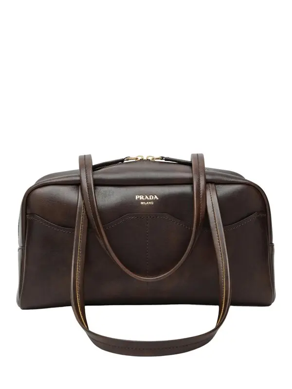 Prada Large Bowling Bag In Aged Leather - Brown