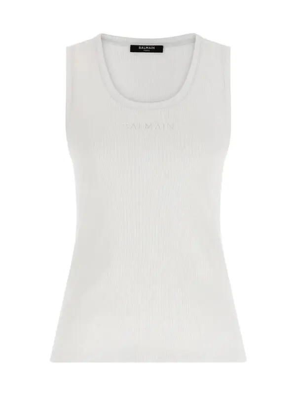 Balmain Small Paris Emb Jersey Tank Top - White