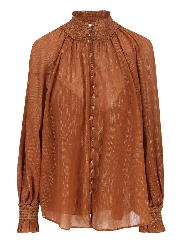 Zimmermann Metallic Striped High Neck Shirred Blouse - Brown