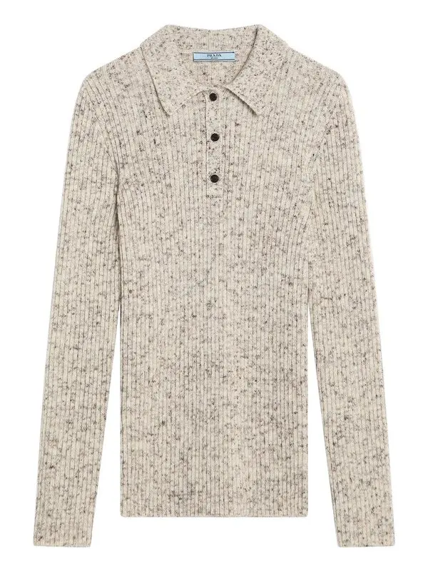 Prada Long Sleeve Ribbed Wool Blend Polo - Brown