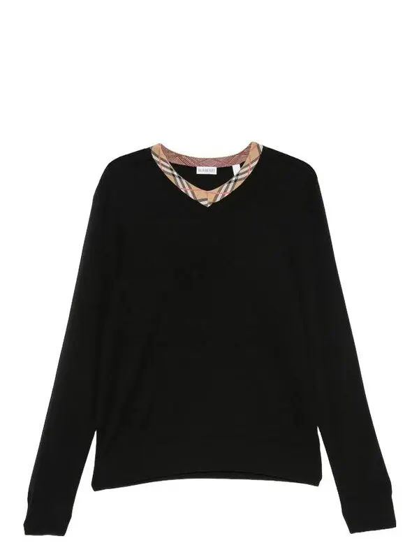 Burberry Fine Knit V-neck Sweater With Check-pattern Trim - Black