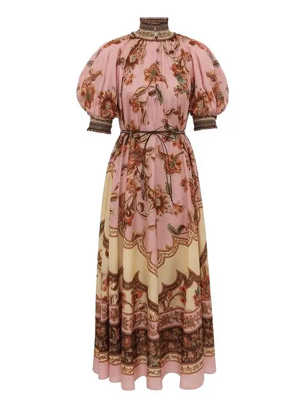 Zimmermann Floral Print Silk High Neck Puff Sleeve Dress - Pink