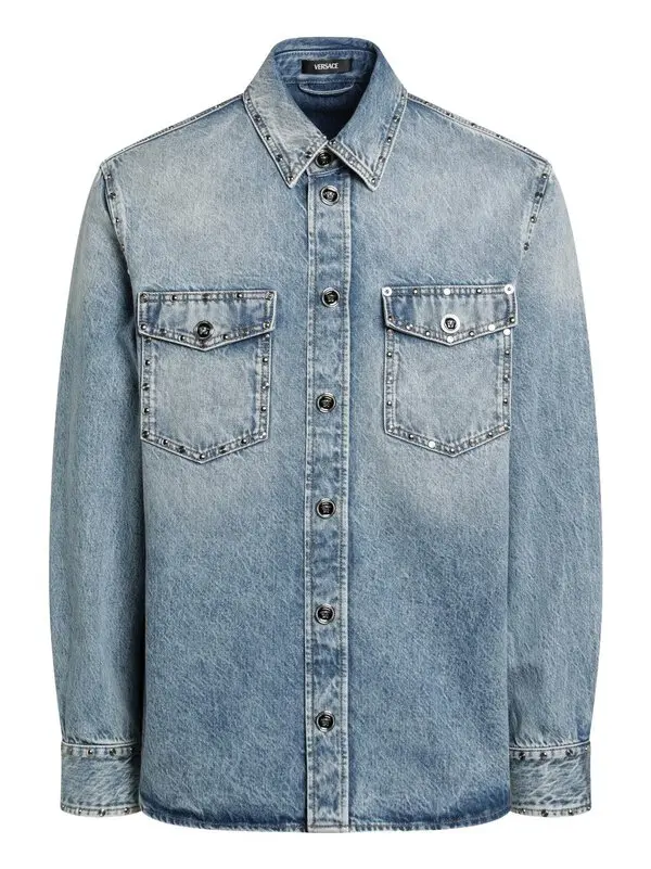 Versace Light Stone-washed Denim Shirt With Studs - Blue