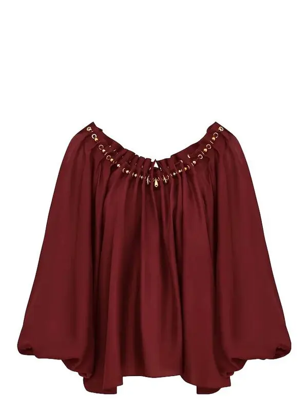 Zimmermann Merlot Silk Gathered Puff Sleeve Blouse - Red