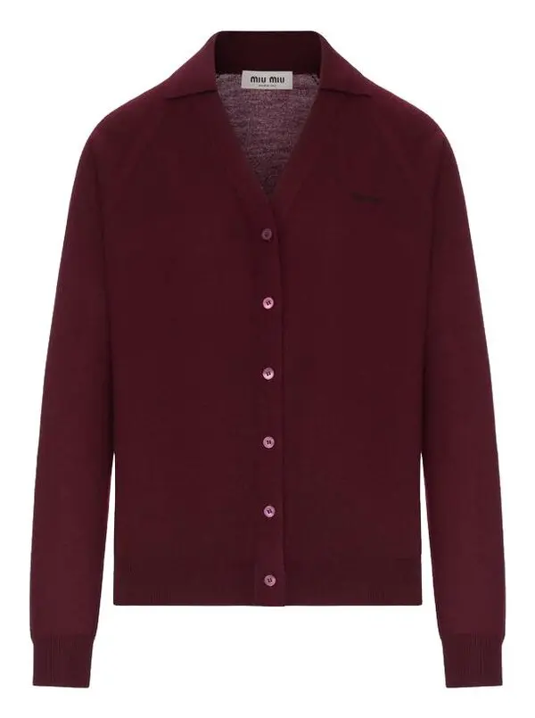 Miu Miu Burgundy Wool Logo Embroidery Cardigan - Red
