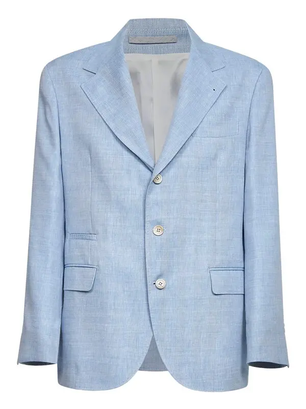 Brunello Cucinelli Light Blue Linen And Virgin Wool Chevron Deconstructed Blazer - Multicolor