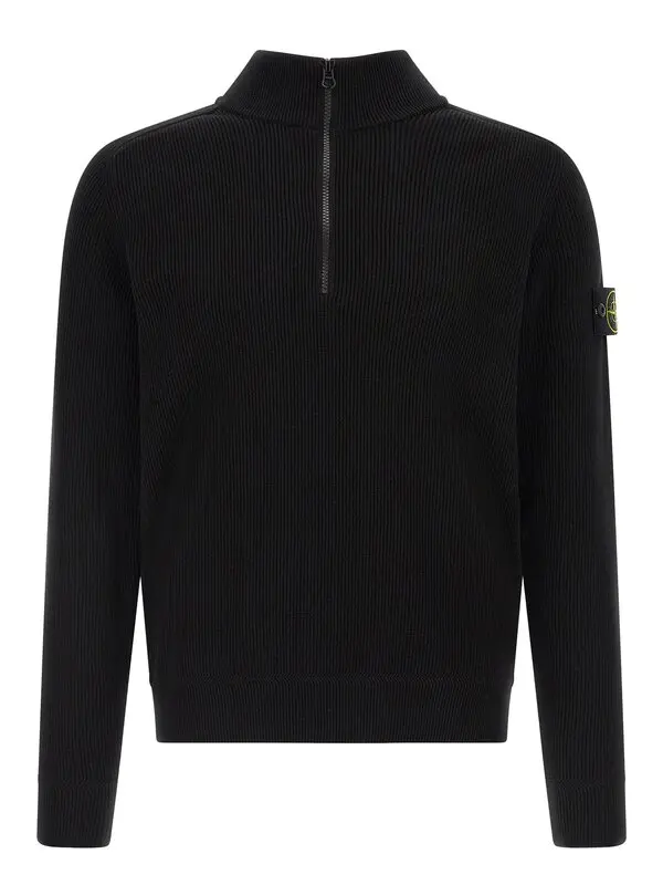 Stone Island Ribbed High Neck Quarter Zip Sweater - Black