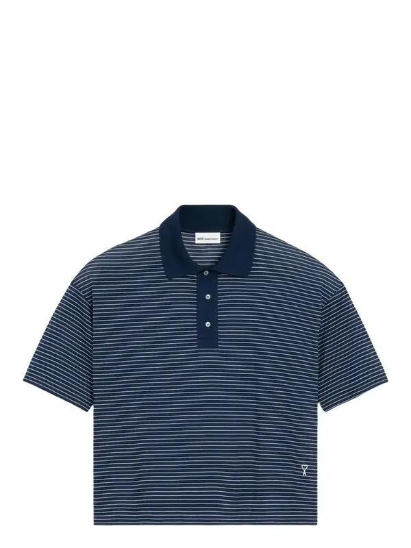 Ami Striped Cotton Polo With De Coeur Patch - Blue