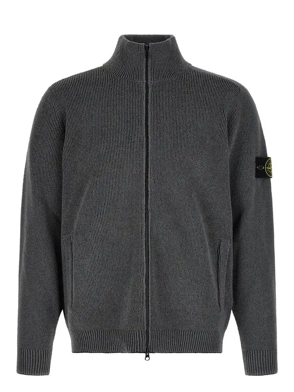 Stone Island Ribbed High Neck Zip-up Sweater - Gray