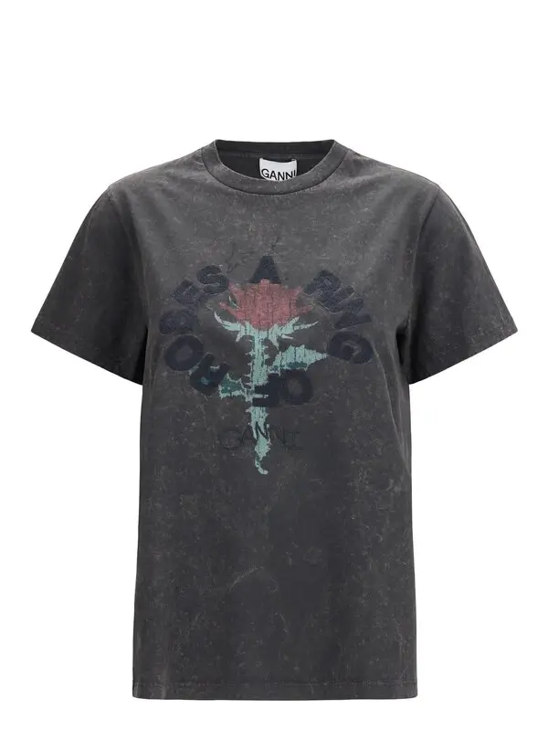 GANNI Oversized T-shirt With Rose Motif - Gray