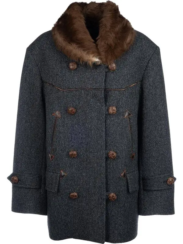 Prada Double Breasted Fur Collar Coat - Multicolor