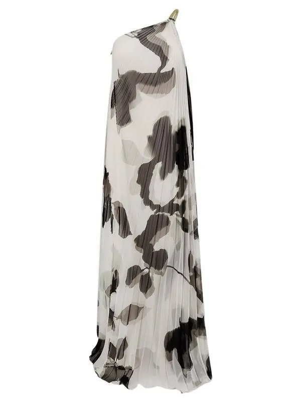 Max Mara One-shoulder Pleated Long Dress With Gold Metal Detail - Multicolor