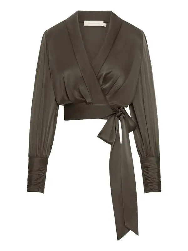 Zimmermann Silk Wrap Top With Puff Sleeves - Green