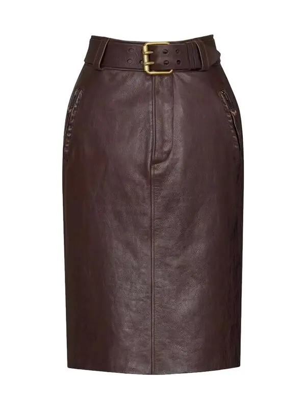 Saint Laurent Belted Pencil Skirt In Creased Leather - Red