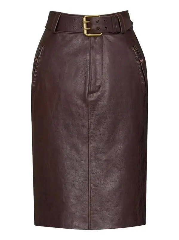 Saint Laurent Belted Pencil Skirt In Creased Leather - Red