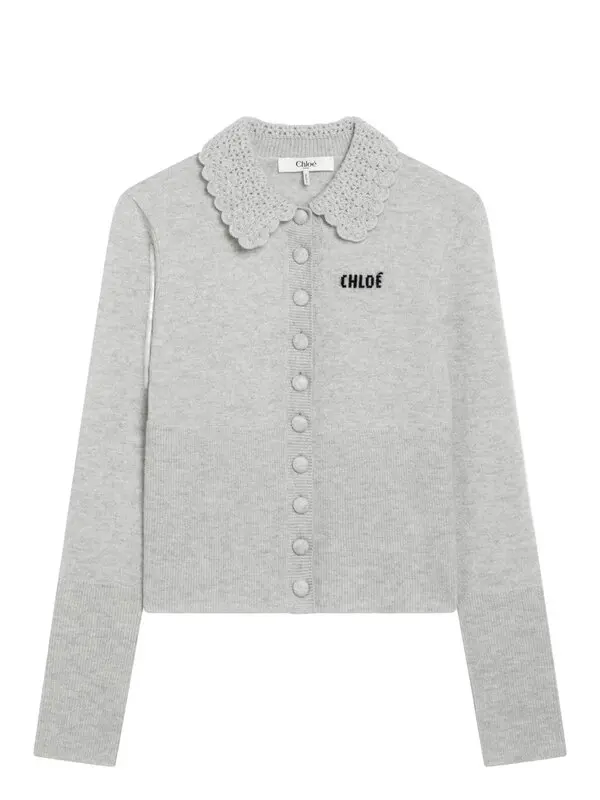 Chloé Light Grey Wool Cardigan With Logo - Gray