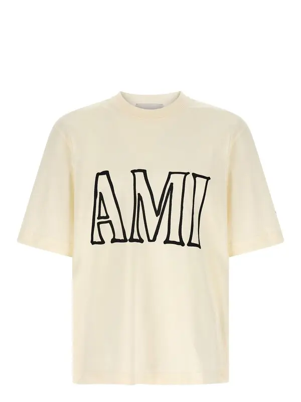 Ami Logo Print T-shirt - Cream