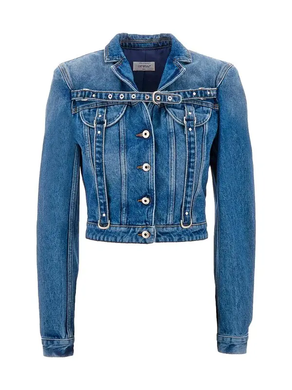 Off-White Cropped Denim Jacket With Silver Tone Embellishments - Multicolor
