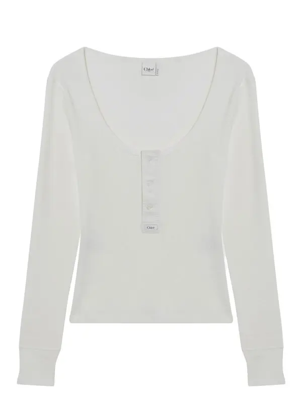 Chloé Cotton Jersey Henley Top With Logo Detail - Cream