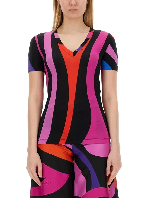 Emilio Pucci Marble Print Slim Fit V-neck T-shirt - Multicolor