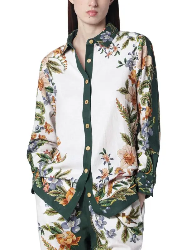 Farm Rio Linen Blend Floral Embroidered Shirt - Multicolor